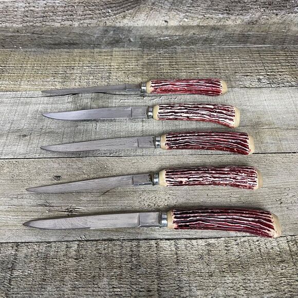 Kitchen | Vintage Faux Buckhorn Steak Knives Japan Antler Stag Handle ...